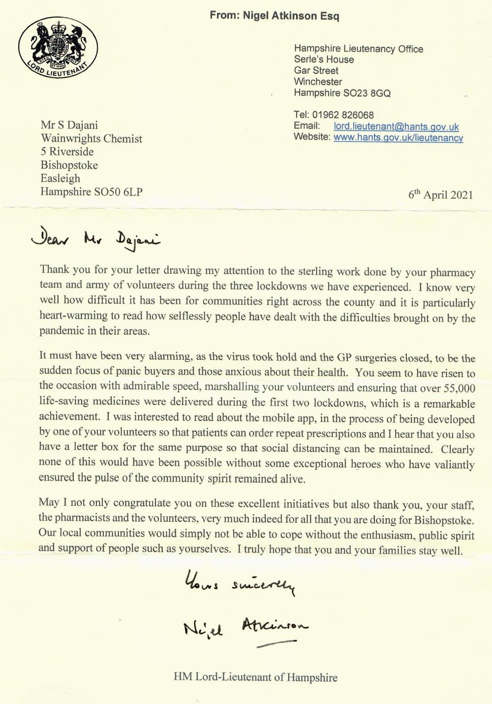 Letter from Her Majesty's Representative, The Lord-Lieutenant of ...